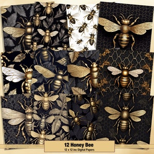 Printable Black and Gold Bee Digital Papers, Honey Bee Pages, Bees ...