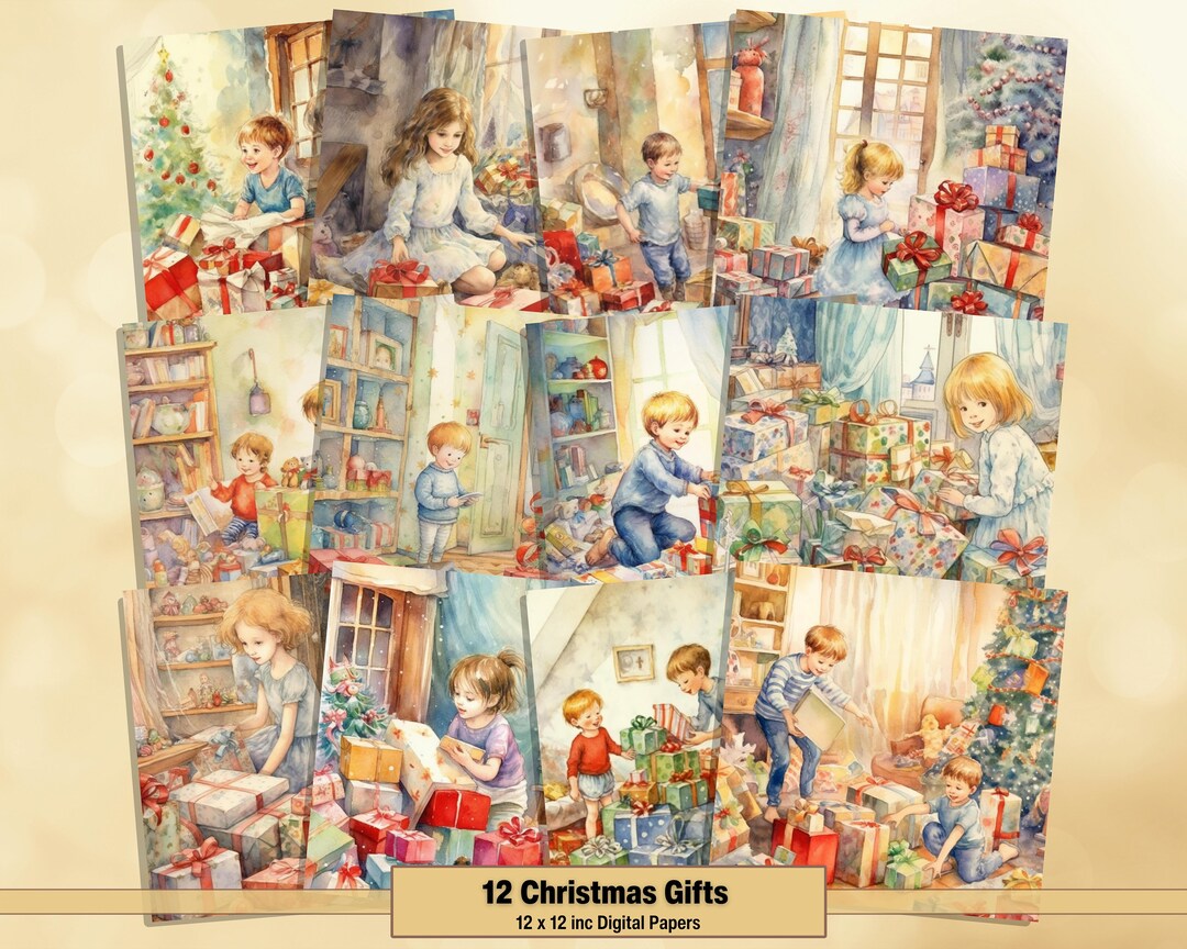 Printable Christmas Gifts Digital Papers, Watercolor Xmas Pages ...