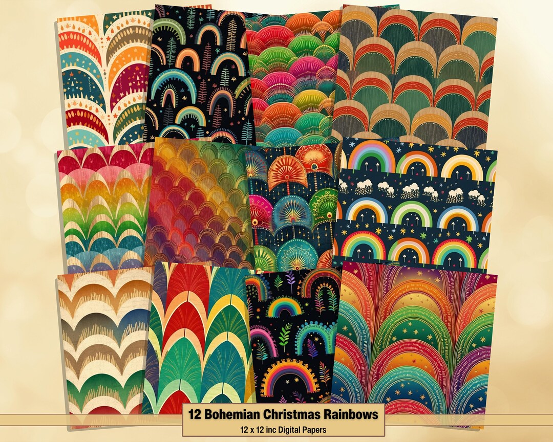 Printable Bohemian Christmas Rainbows Digital Papers, Xmas Page, Boho ...