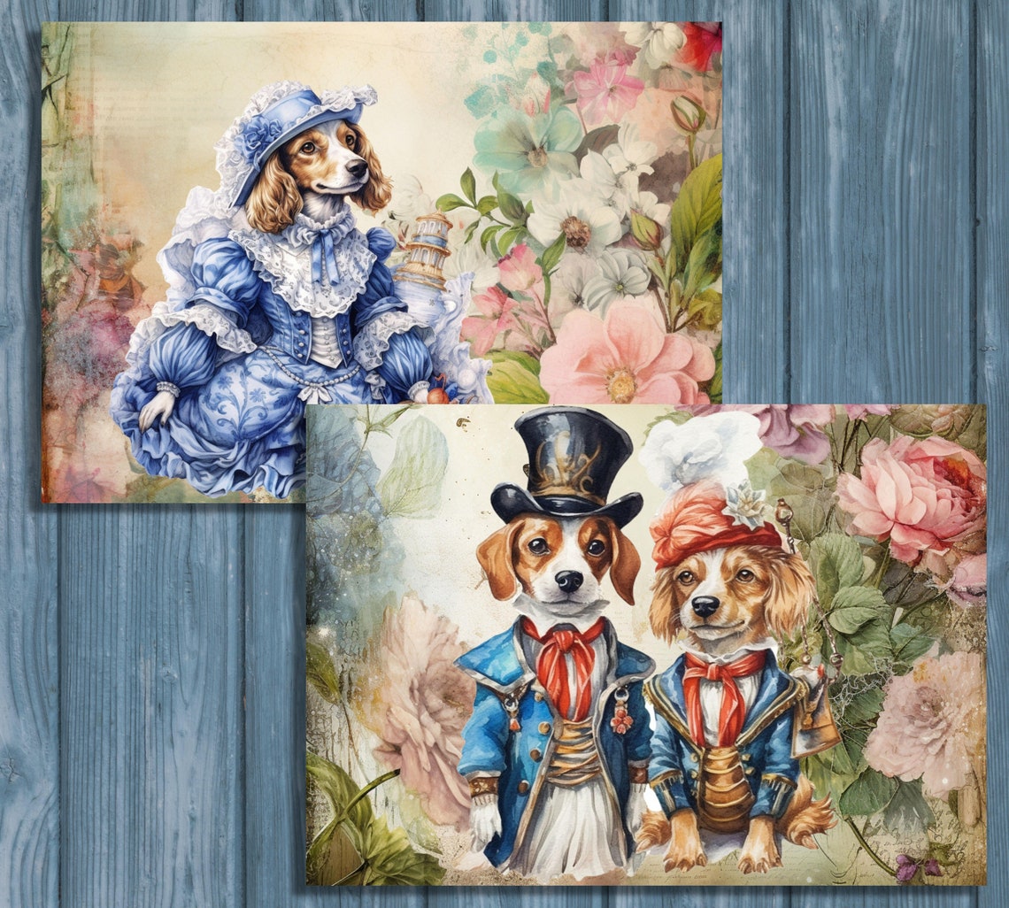 Printable Dogs Watercolor Digital Paper, Dressed Animals Ephemera ...