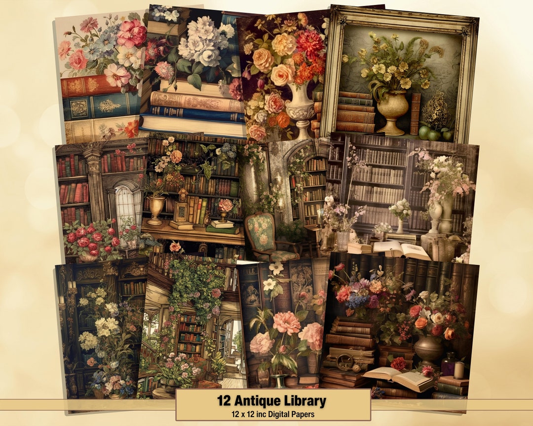 Printable Antique Library Digital Papers, Vintage Books Pages ...