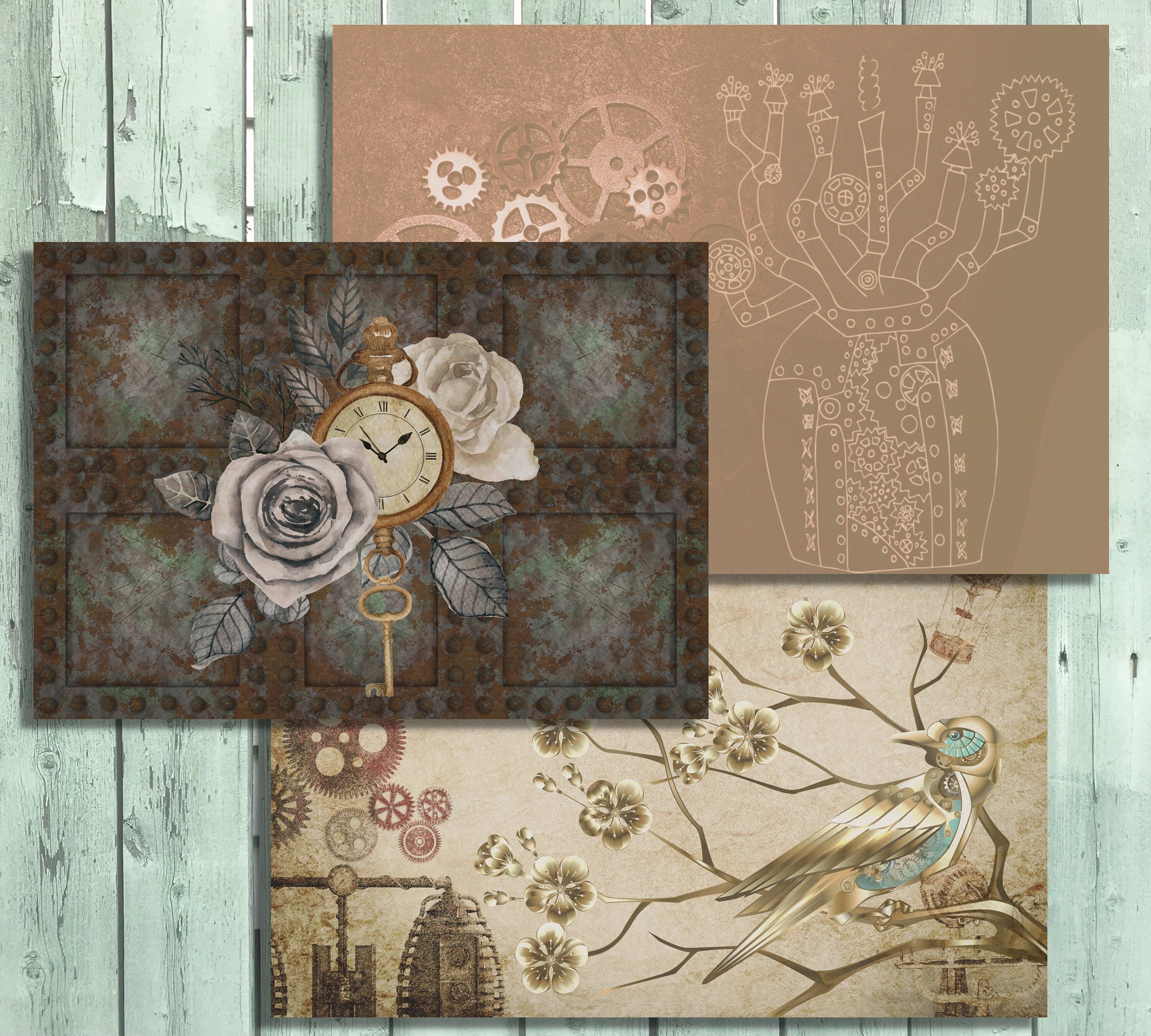 Printable Steampunk Flower Digital Paper, Floral Grunge Ephemera ...