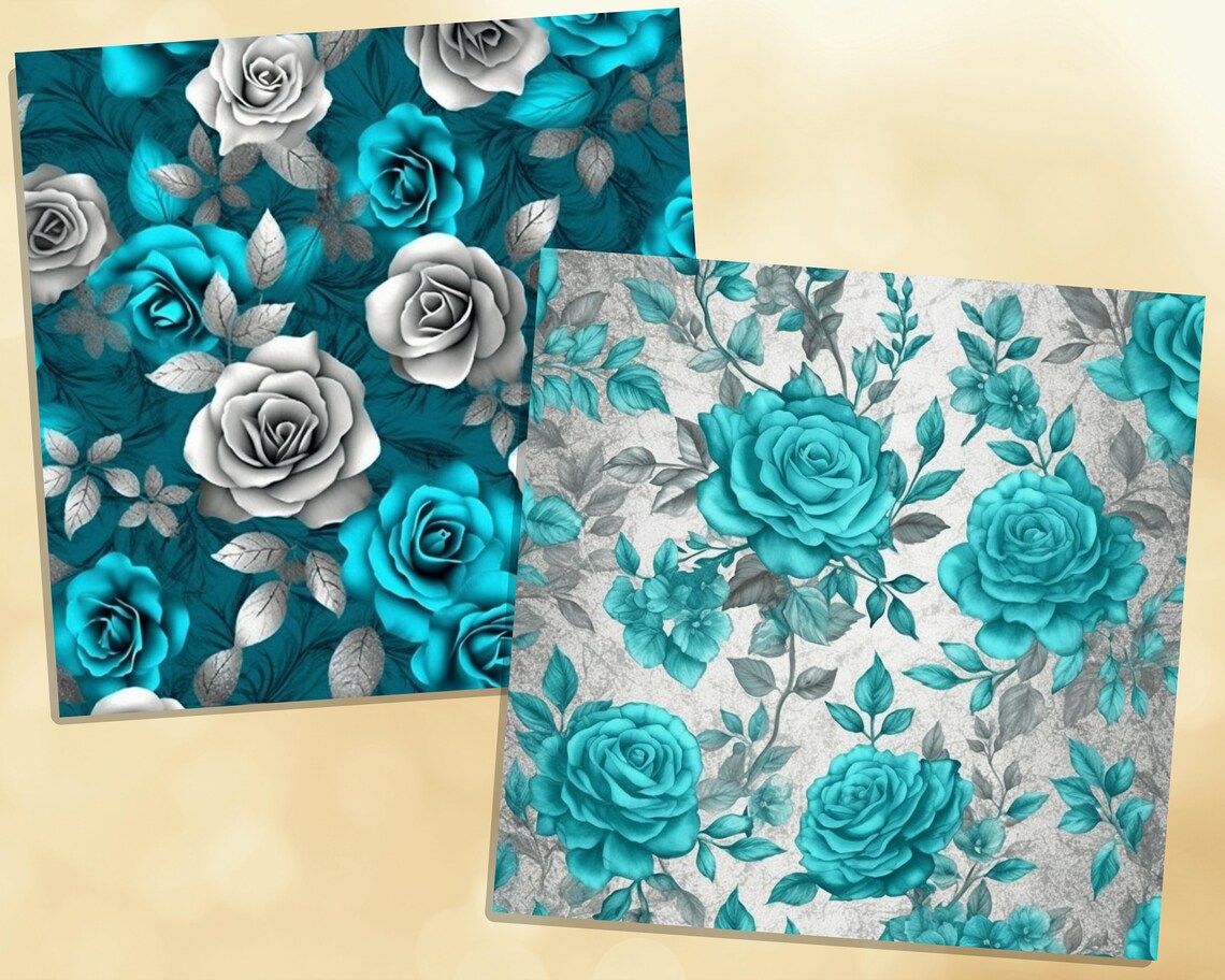 Printable Teal and Silver Floral Digital Papers, Turquoise Rose Page ...