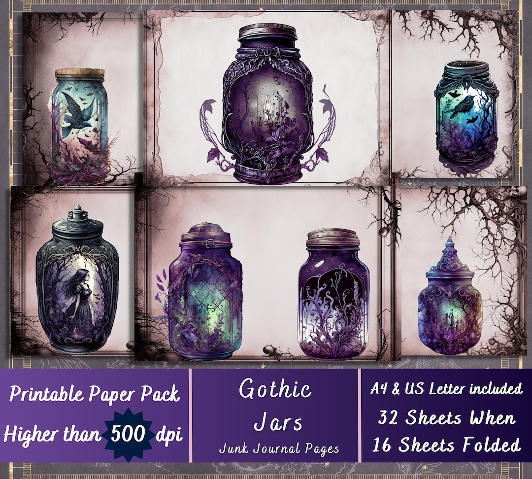 Printable Gothic Jars Digital Paper, Mason Jar Ephemera, Grimoire Pages ...