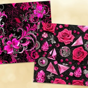 Printable Bright Pink and Black Glam Digital Papers, Glitter Pages ...