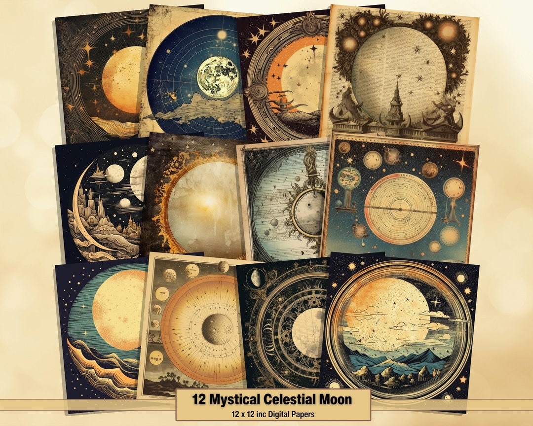 Printable Mystical Moon Digital Paper, Celestial Pages, Night ...