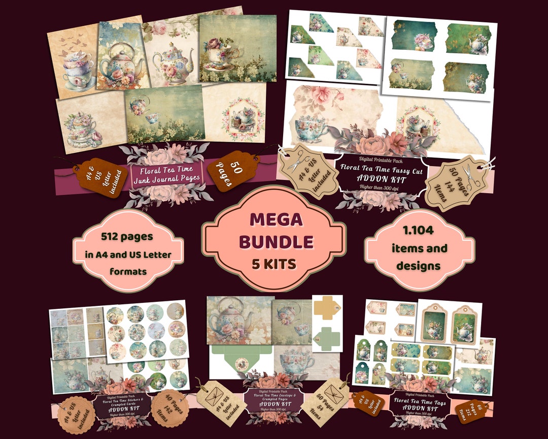 Printable Floral Tea Time Digital Papers Mega Bundle, Fussy Cuts Kit ...