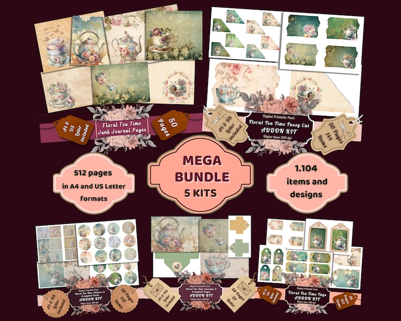 Printable Floral Tea Time Digital Papers Mega Bundle, Fussy Cuts Kit ...
