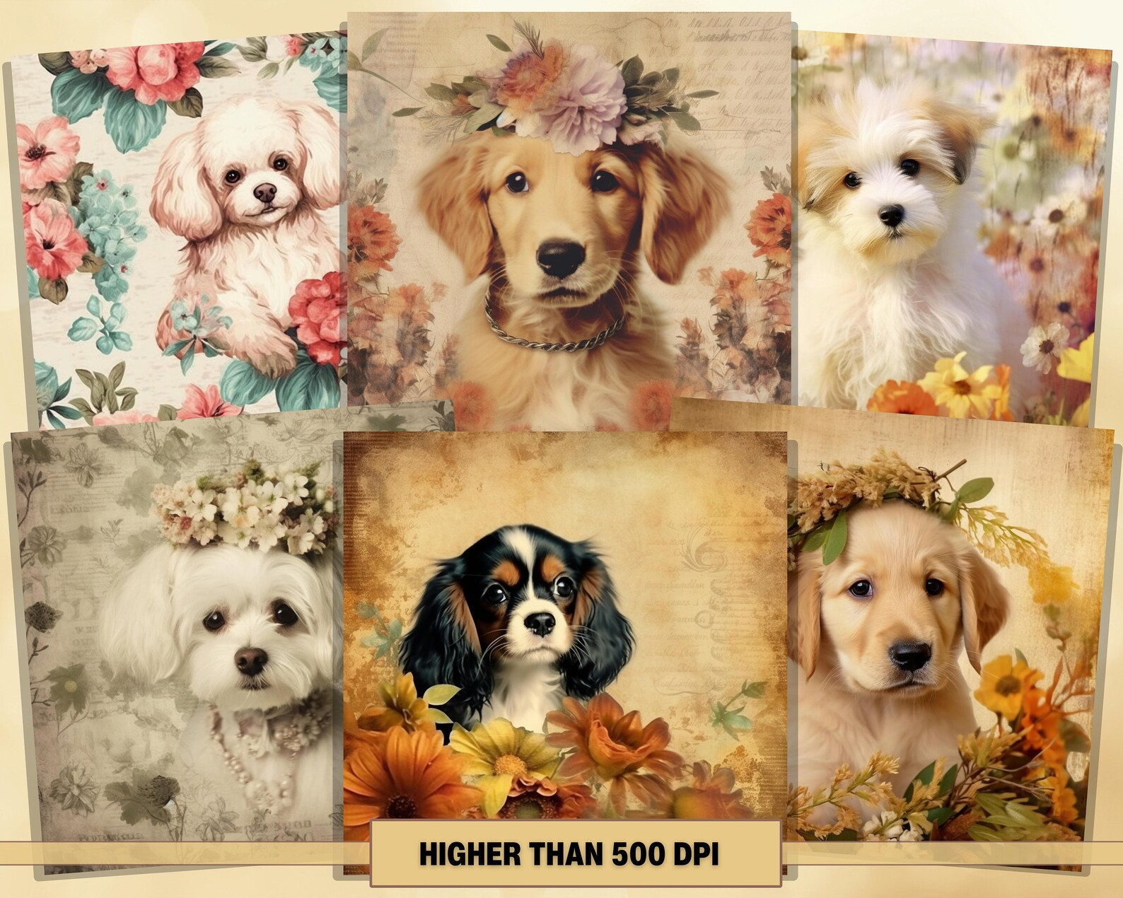 Printable Cute Puppy Digital Papers, Floral Puppy Pages, Cute Dog ...