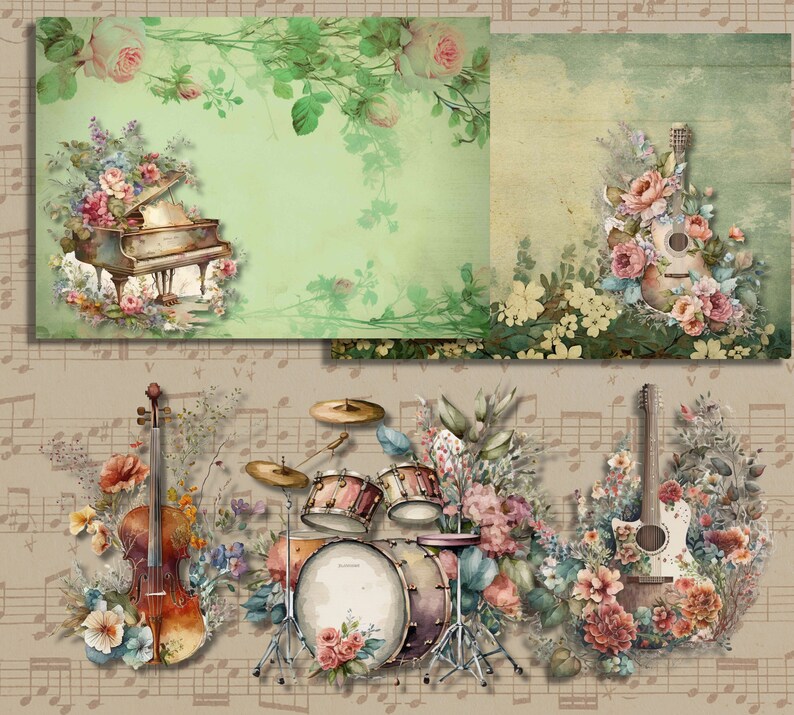 Printable Floral Music Digital Paper Musical Instruments - Etsy