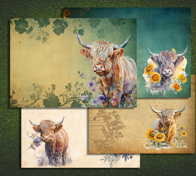 Printable Floral Highland Cow Digital Paper, Vintage Ephemera ...