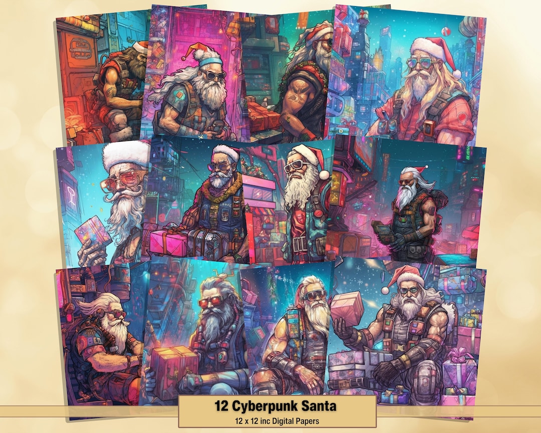 Printable Cyberpunk Santa Digital Papers, Watercolor Santa Pages ...