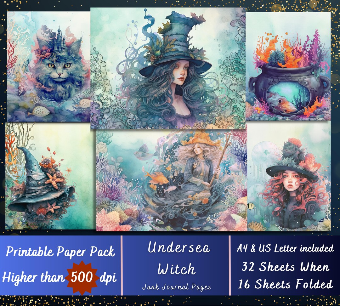 Printable Undersea Witch Digital Paper, Underwater Witches Ephemera ...