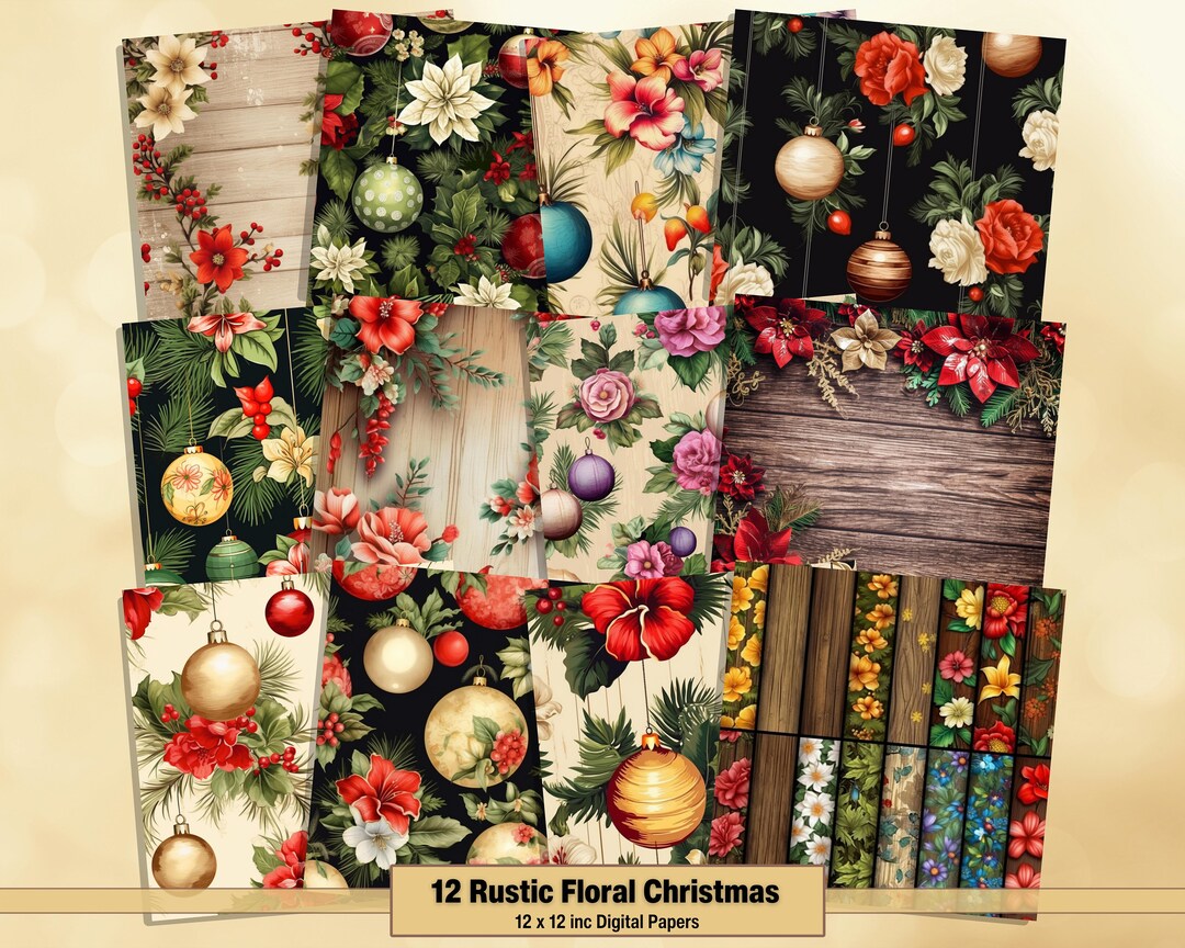 Printable Rustic Floral Christmas Digital Papers, Christmas Pages ...