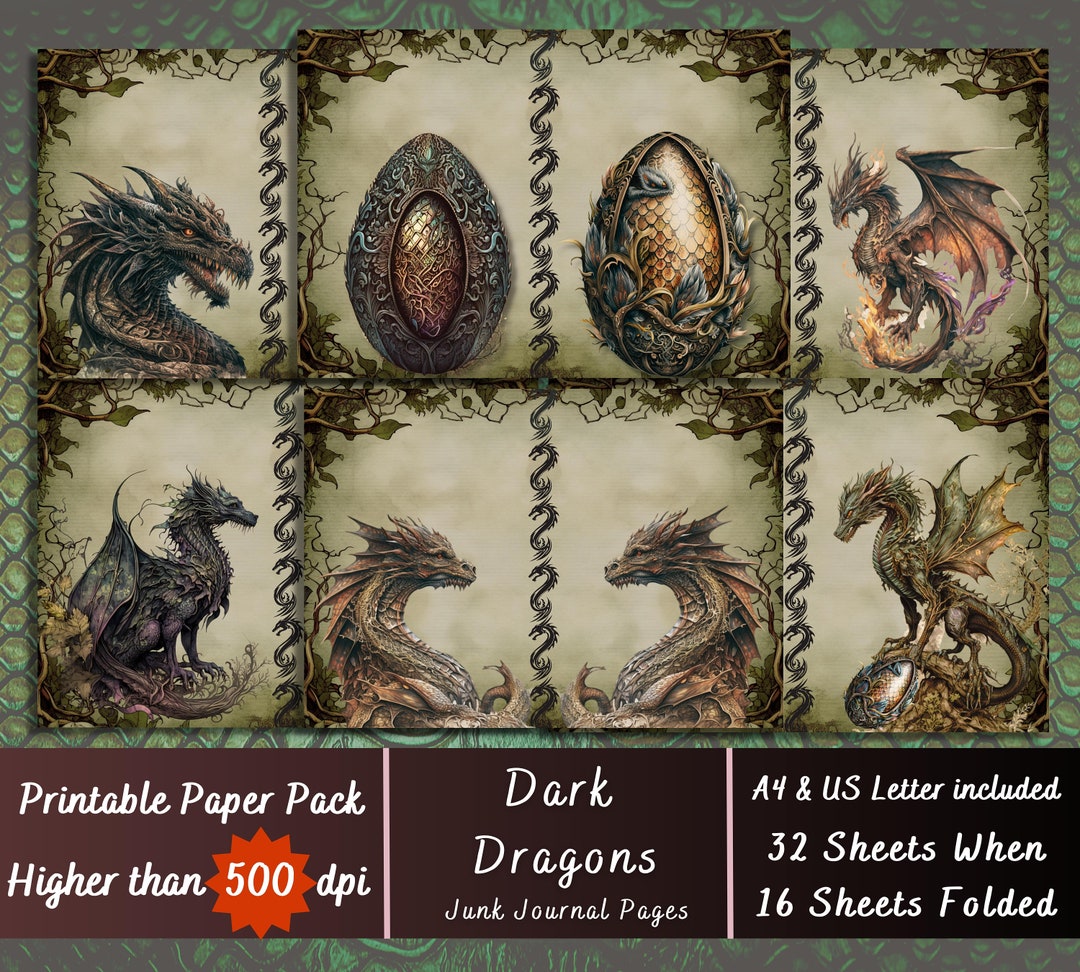 Printable Gothic Dragons Digital Paper, Medieval Ephemera, Grimoire ...