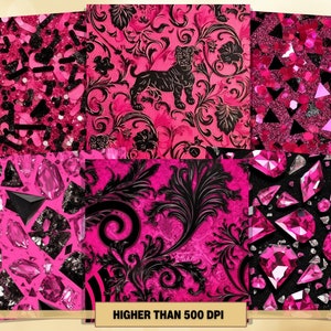 Printable Bright Pink and Black Glam Digital Papers, Glitter Pages ...