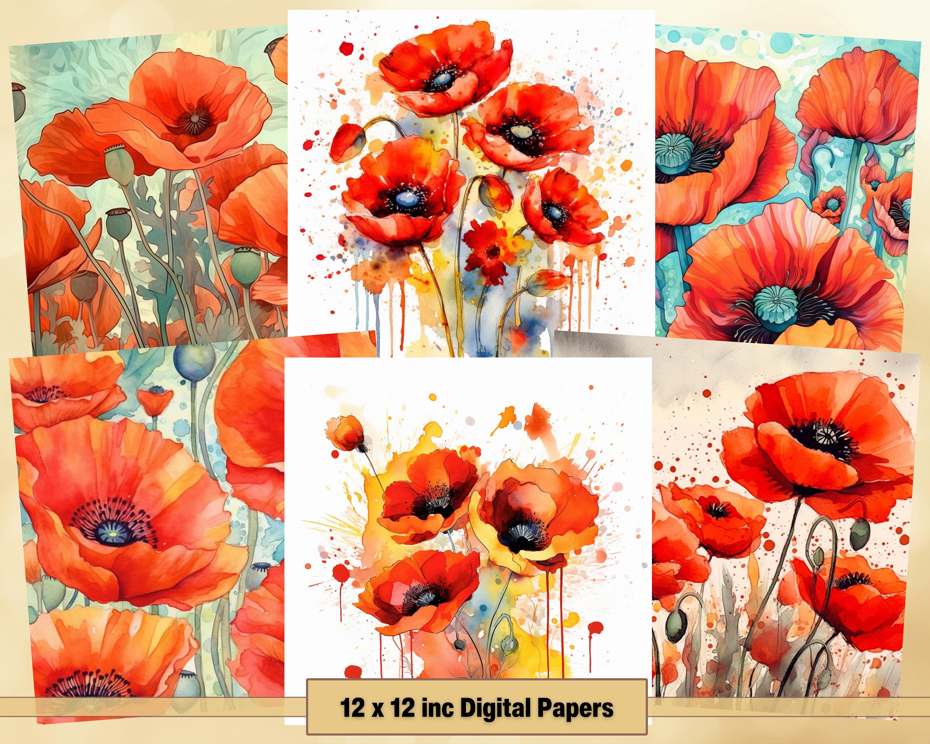 Printable Red Poppies Digital Paper Red Poppy Pages Vintage - Etsy