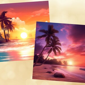 Printable Sunset Beach Digital Papers, Summer Beach Pages, Ocean Palm ...