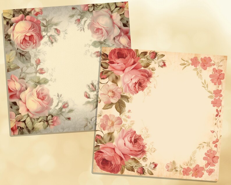 Printable Pink Roses Border Digital Papers Shabby Chic Pages - Etsy