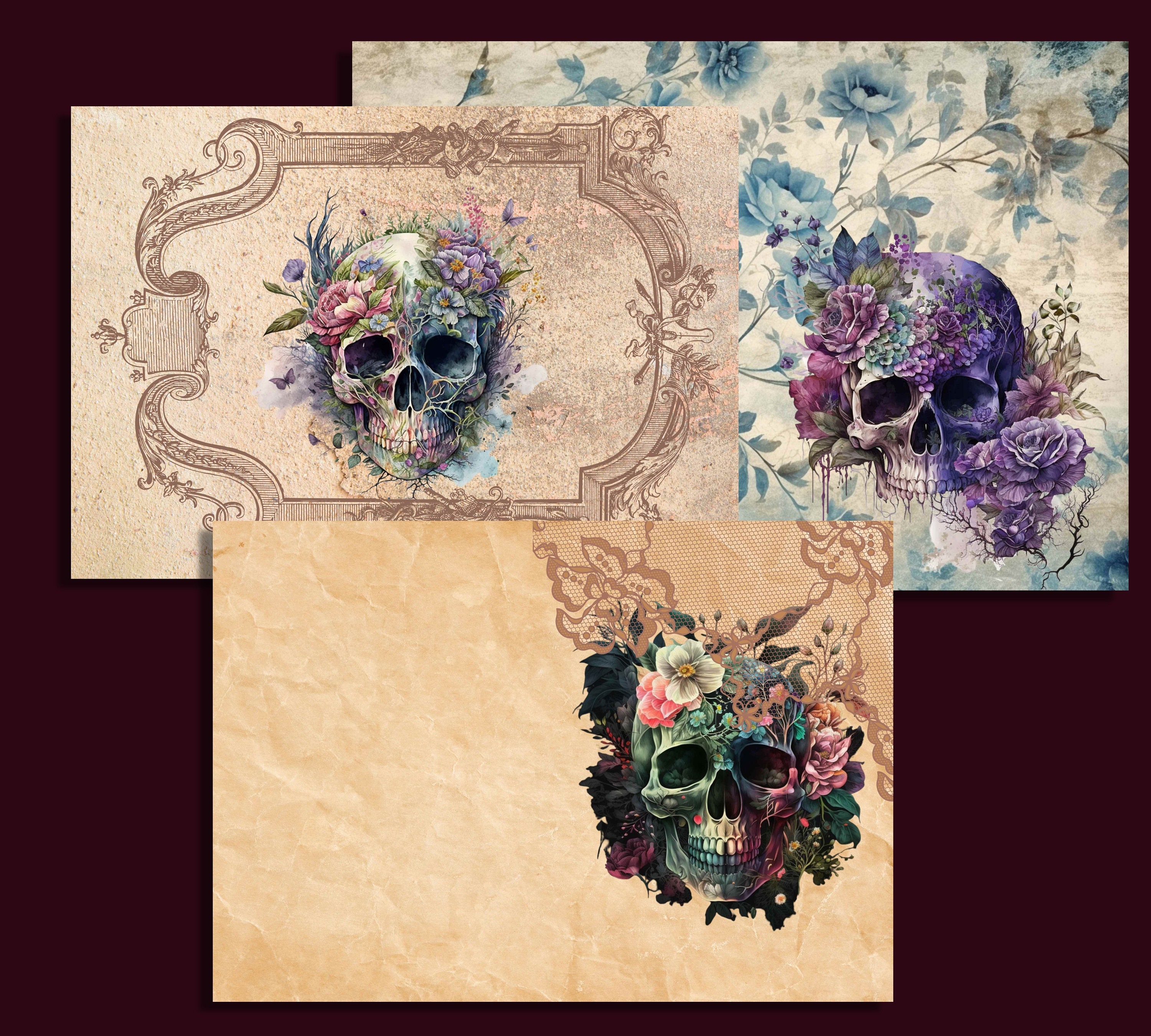 Printable Floral Skull Digital Paper Romantic Skulls - Etsy