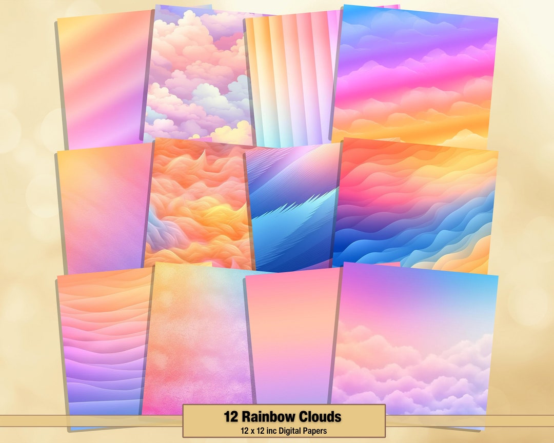Printable Rainbow Clouds Digital Papers, Pastel Ombre Pages, Gradient ...