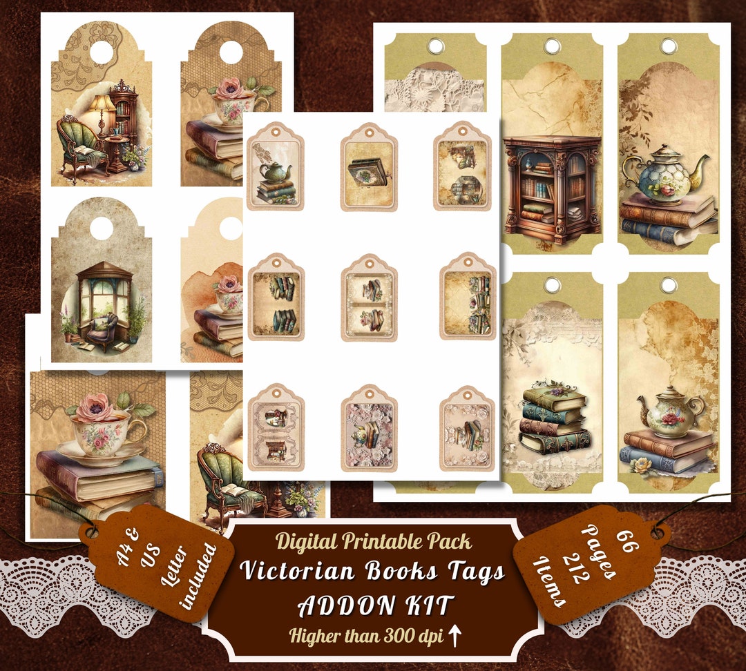 Printable Victorian Book Junk Journal Tags Pages Kit, Vintage Paper ...