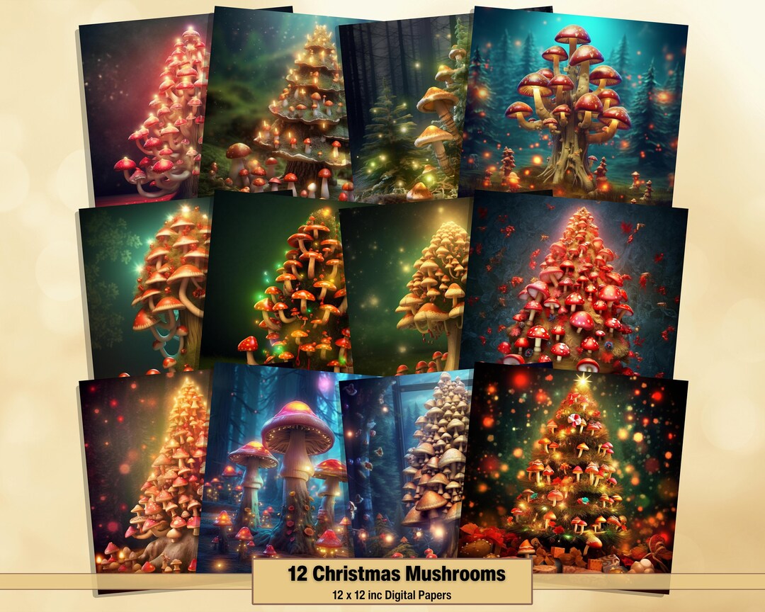 Printable Christmas Mushrooms Tree Digital Papers, Mushroom Pages ...