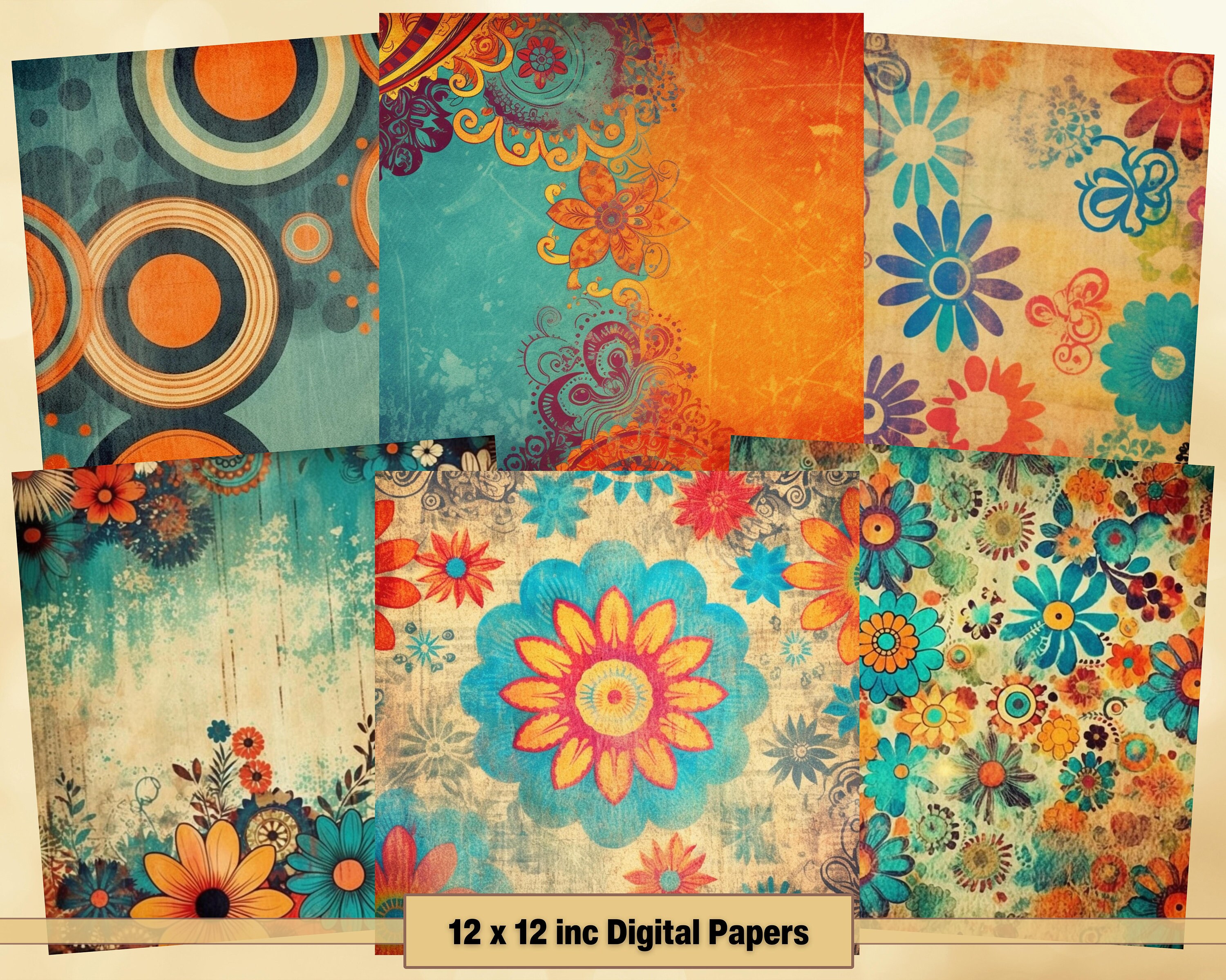 Printable Retro Digital Paper, Vintage Pages, Grunge Background, Boho ...