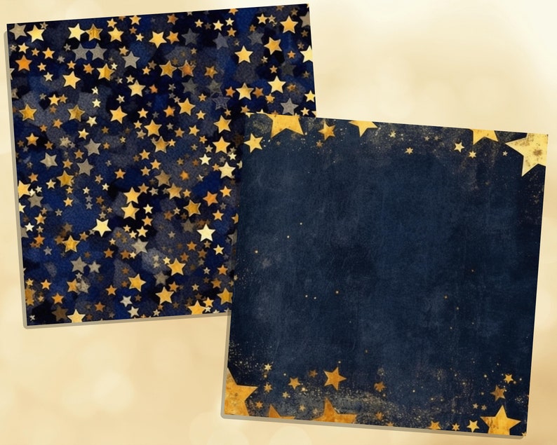Printable Golden Starry Night Digital Papers, Stars Page, Blue Grunge ...