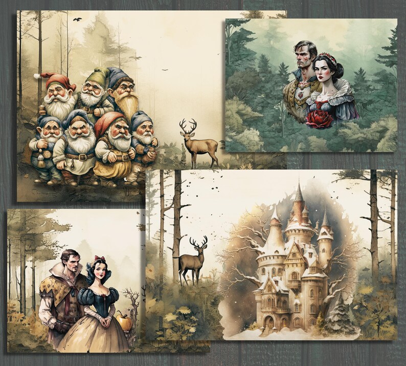 Printable Snow White Digital Paper, Seven Dwarfs Ephemera, Mirror ...