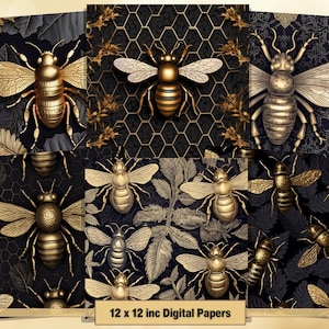 Printable Black and Gold Bee Digital Papers, Honey Bee Pages, Bees ...