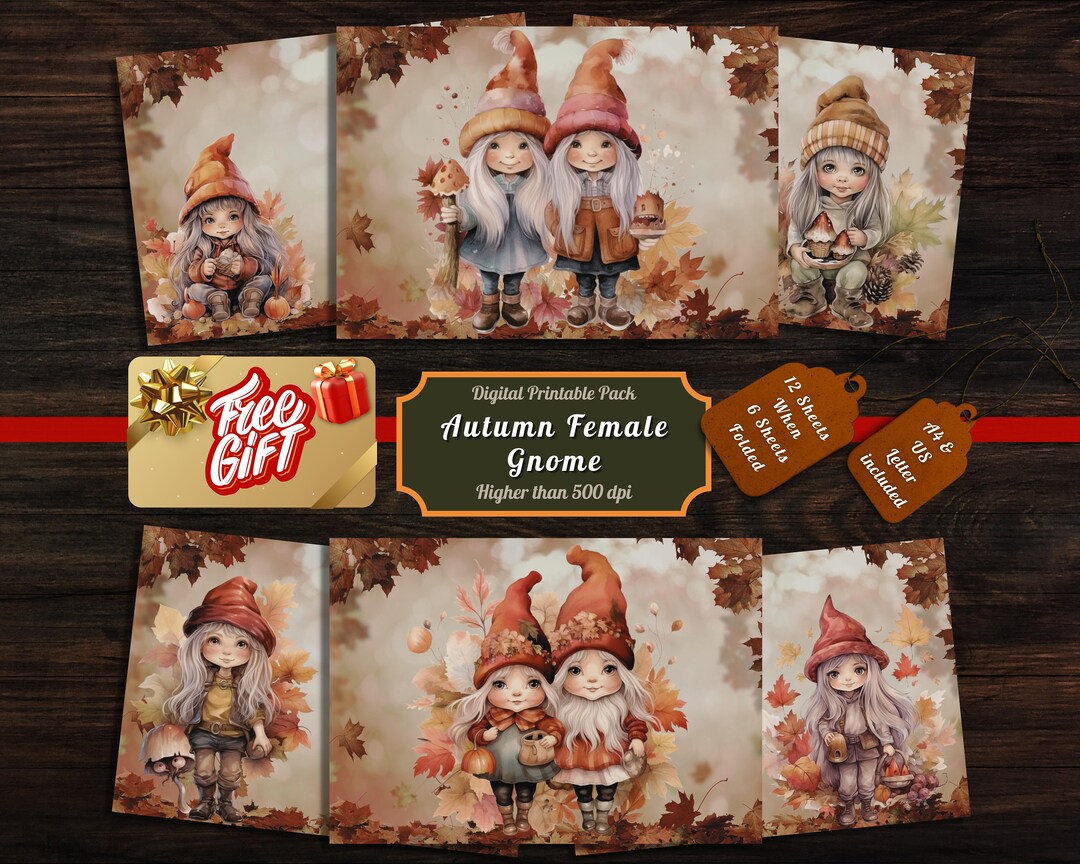 Printable Autumn Female Gnome Digital Papers, Fall Gnome Ephemera, Cute ...