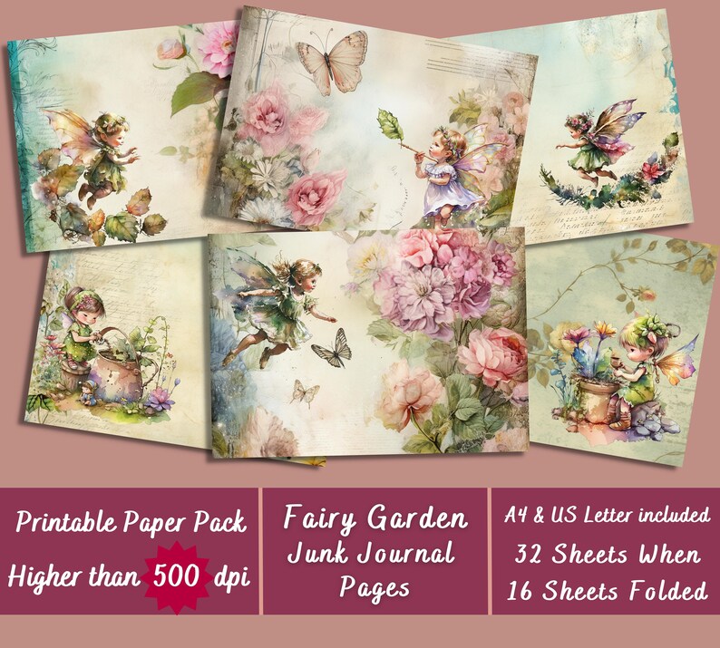 Printable Fairy Garden Digital Paper, Floral Fairy Ephemera, Fantasy ...