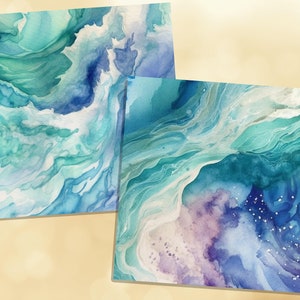 Printable Watercolor Ocean Waves Digital Papers, Blue Abstract Pages ...