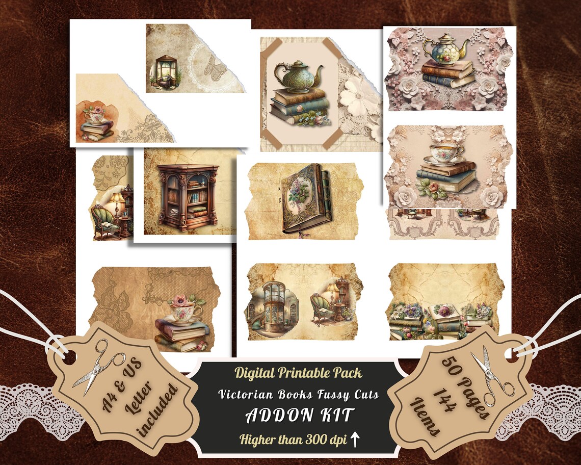 Printable Victorian Books Digital Papers Mega Bundle, Book Fussy Cuts ...