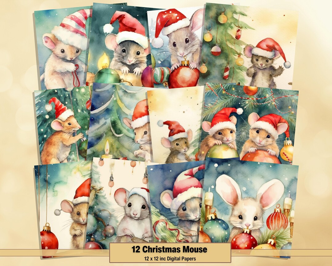 Printable Christmas Mouse Digital Papers, Xmas Mice Page, Noel Animal ...