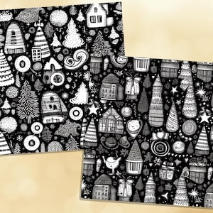 Printable Black & White Christmas Digital Papers, Doodle Pages, Xmas ...
