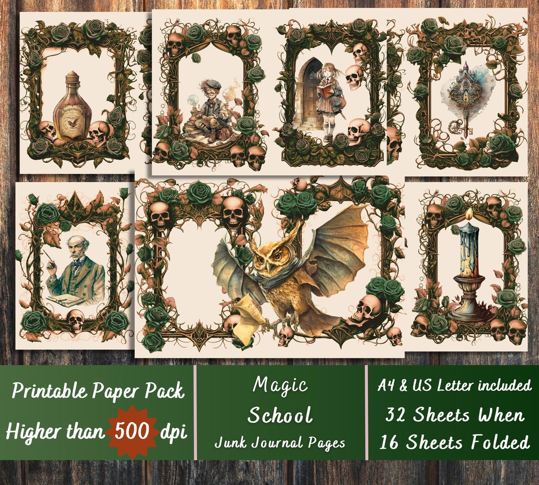 Printable Magic School Digital Paper, Skull Roses Framed Ephemera ...