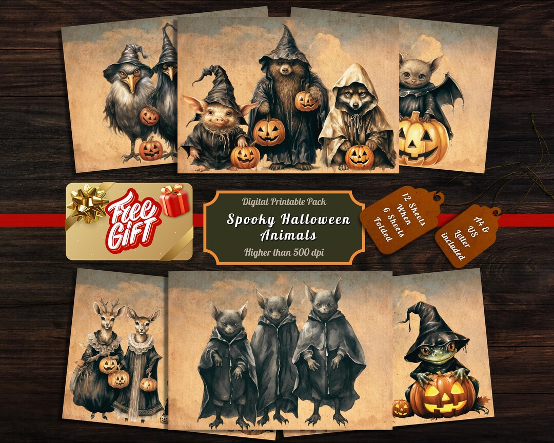 Printable Spooky Halloween Animals Digital Papers, Witchcraft Ephemera ...