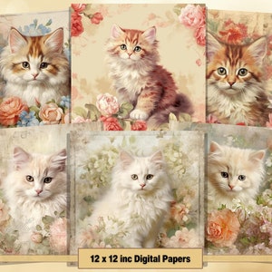 Printable Floral Kitten Digital Papers, Cute Cat Pages, Vintage ...