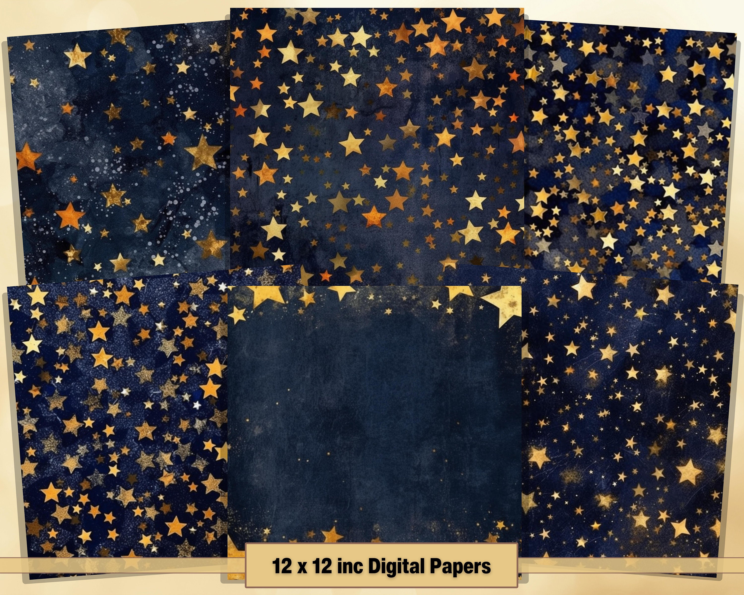 Printable Golden Starry Night Digital Papers, Stars Page, Blue Grunge ...