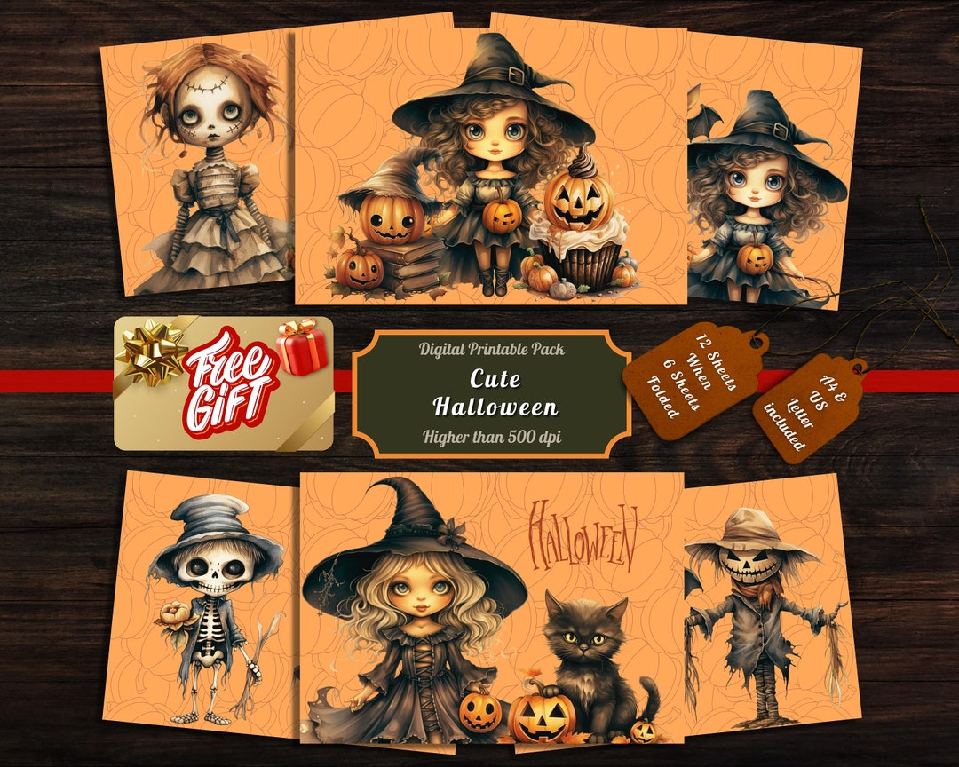 Printable Cute Halloween Digital Papers, Spooky Season Ephemera, Kawaii ...