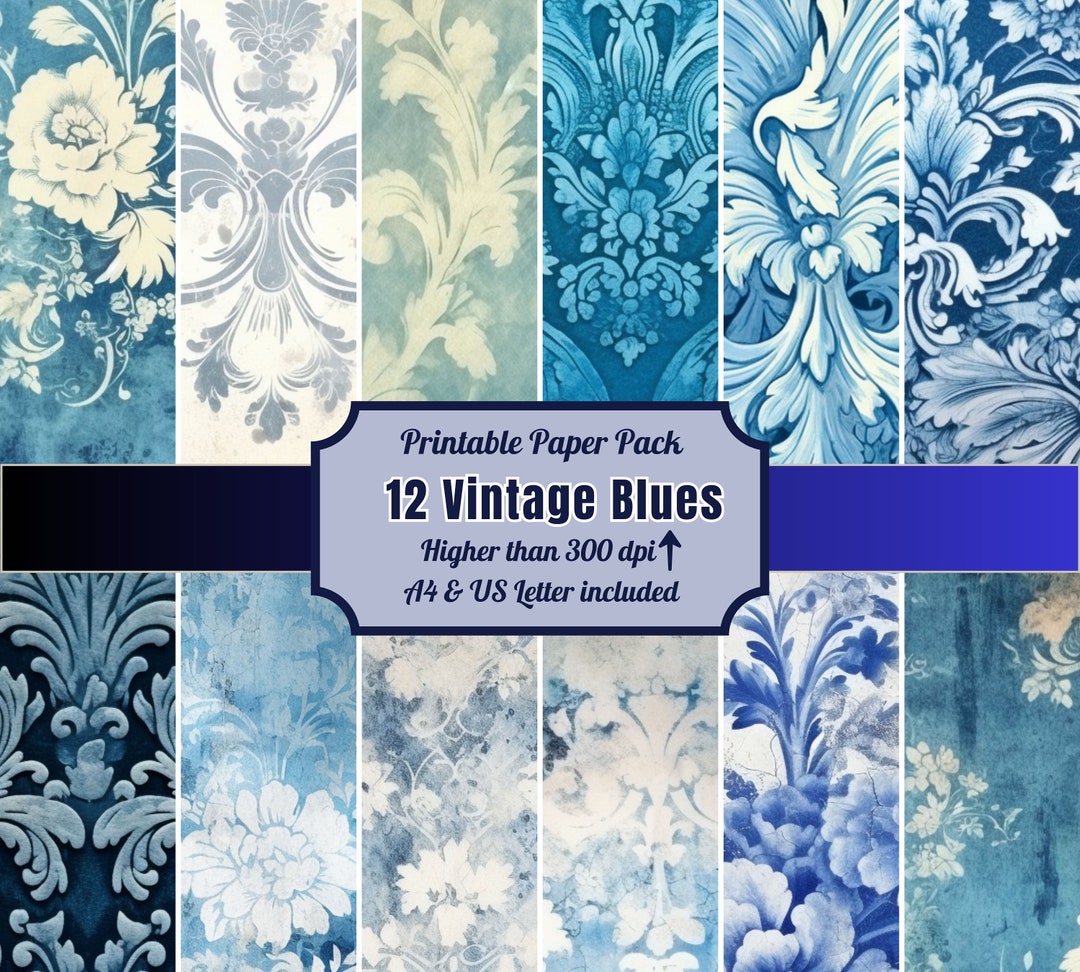 Printable Victorian Blue Damask Junk Journal Pages Kit, Vintage Floral ...