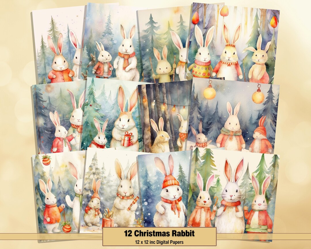 Printable Christmas Rabbit Digital Papers, Xmas Bunny Pages, Noel ...