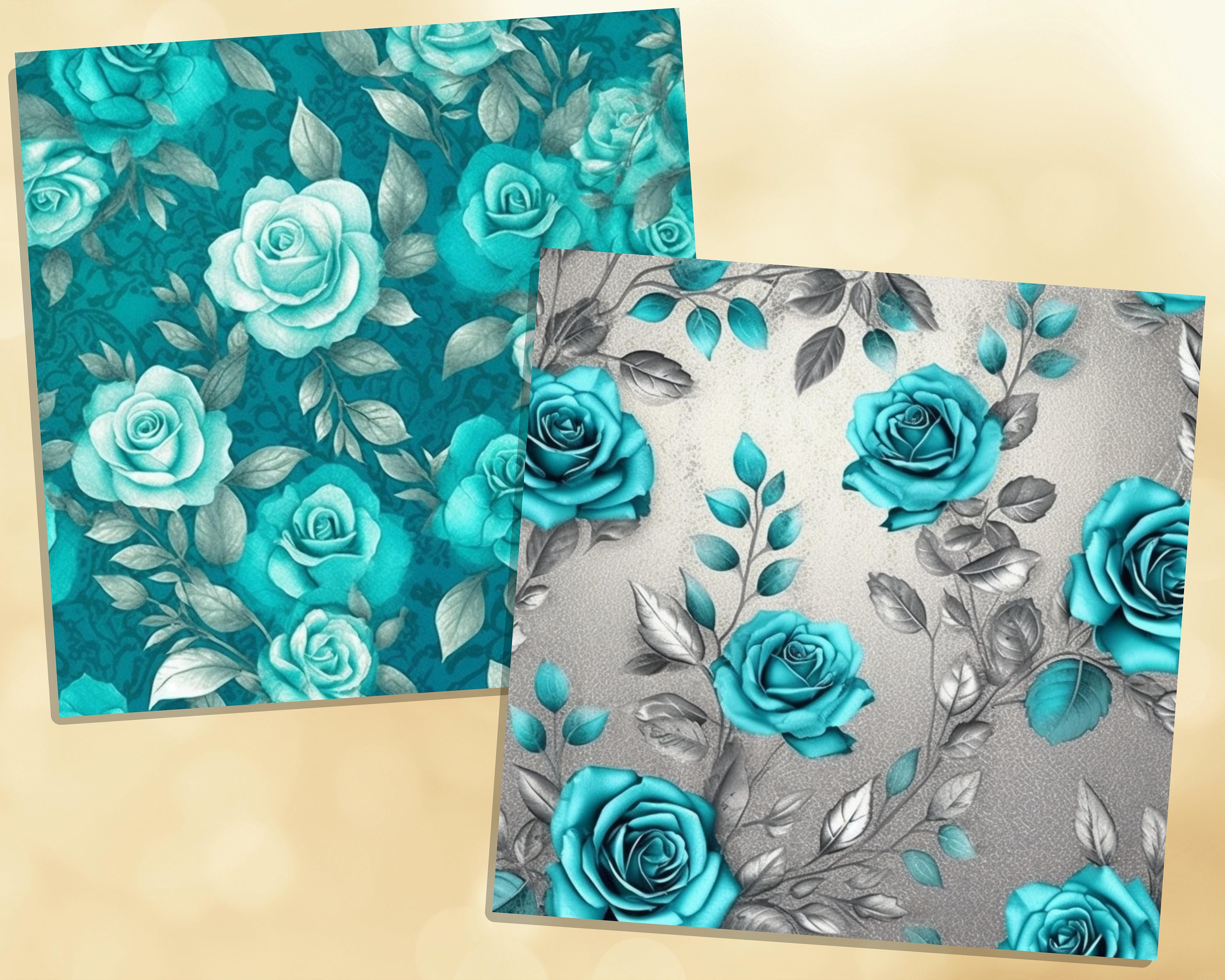 Printable Teal and Silver Floral Digital Papers, Turquoise Rose Page ...