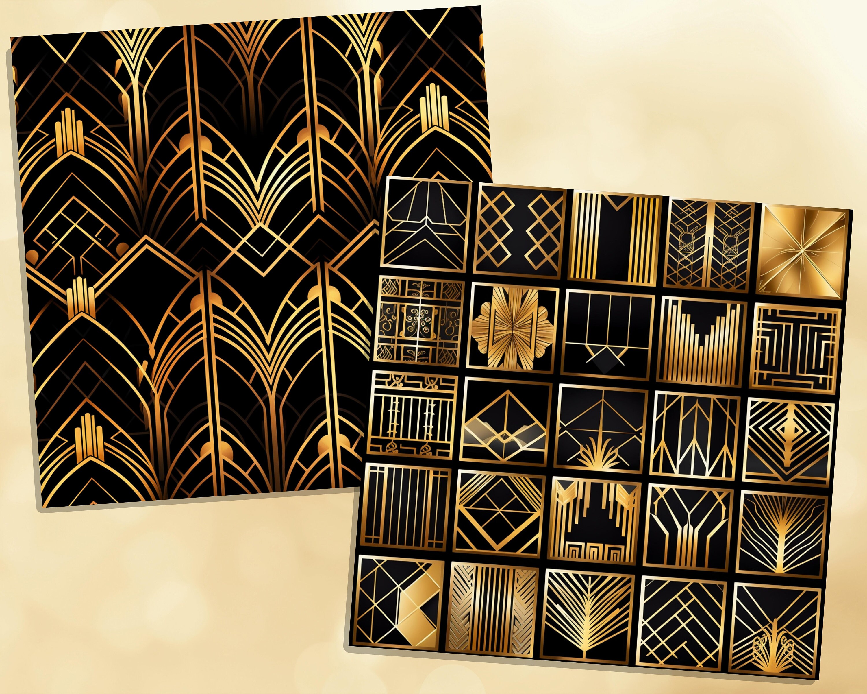 Printable Gold Art Deco Digital Papers, Black and Gold Pages, Retro ...