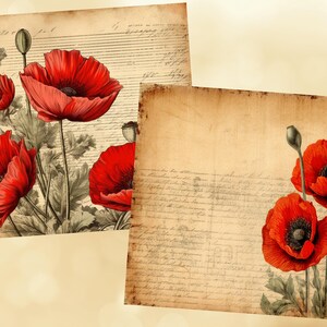 Printable Red Poppies Digital Paper, Red Poppy Pages, Vintage ...