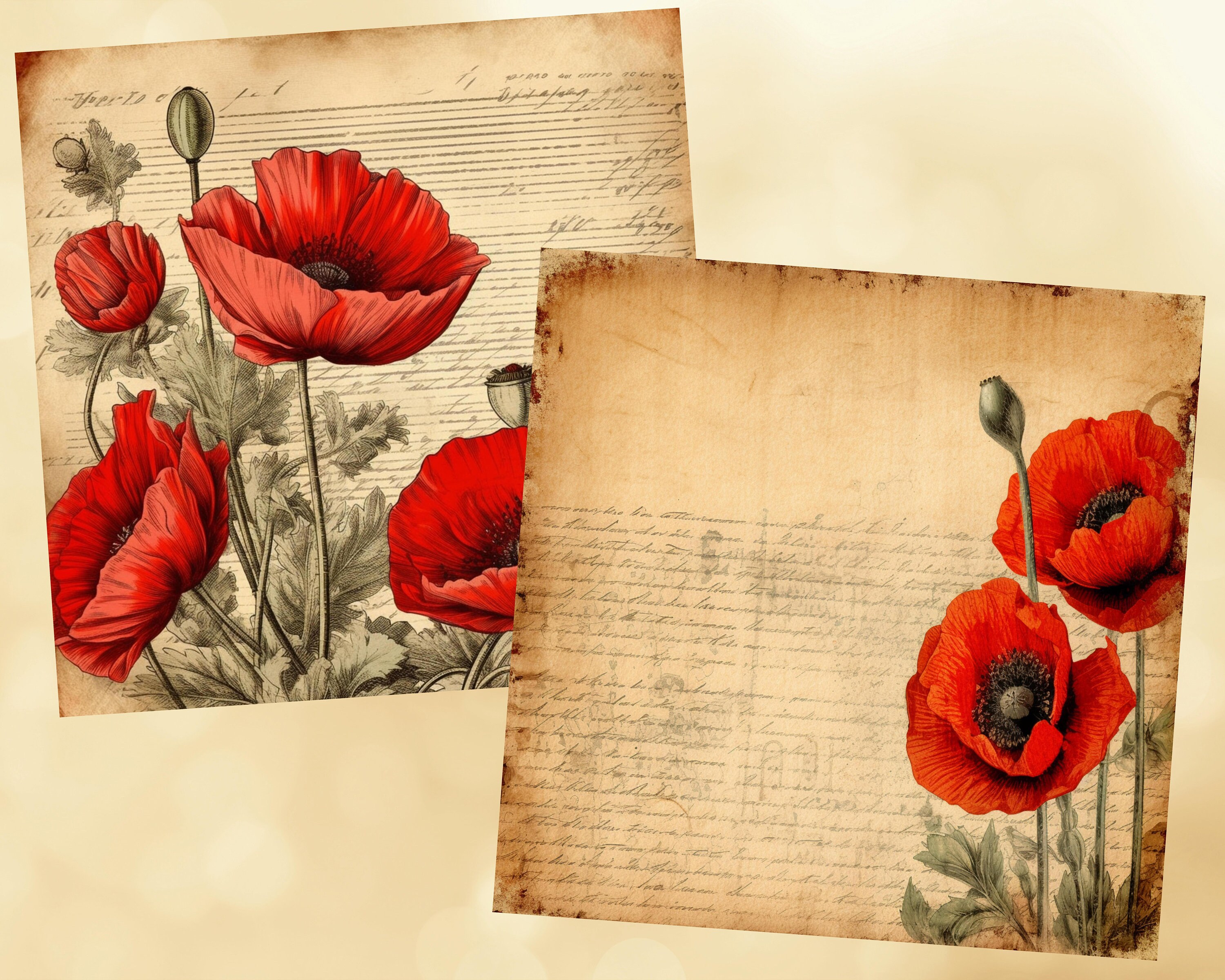 Printable Red Poppies Digital Paper, Red Poppy Pages, Vintage ...