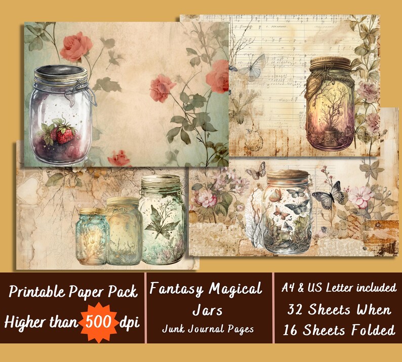 Printable Mason Jars Digital Paper, Magical Jars Ephemera, Vintage ...