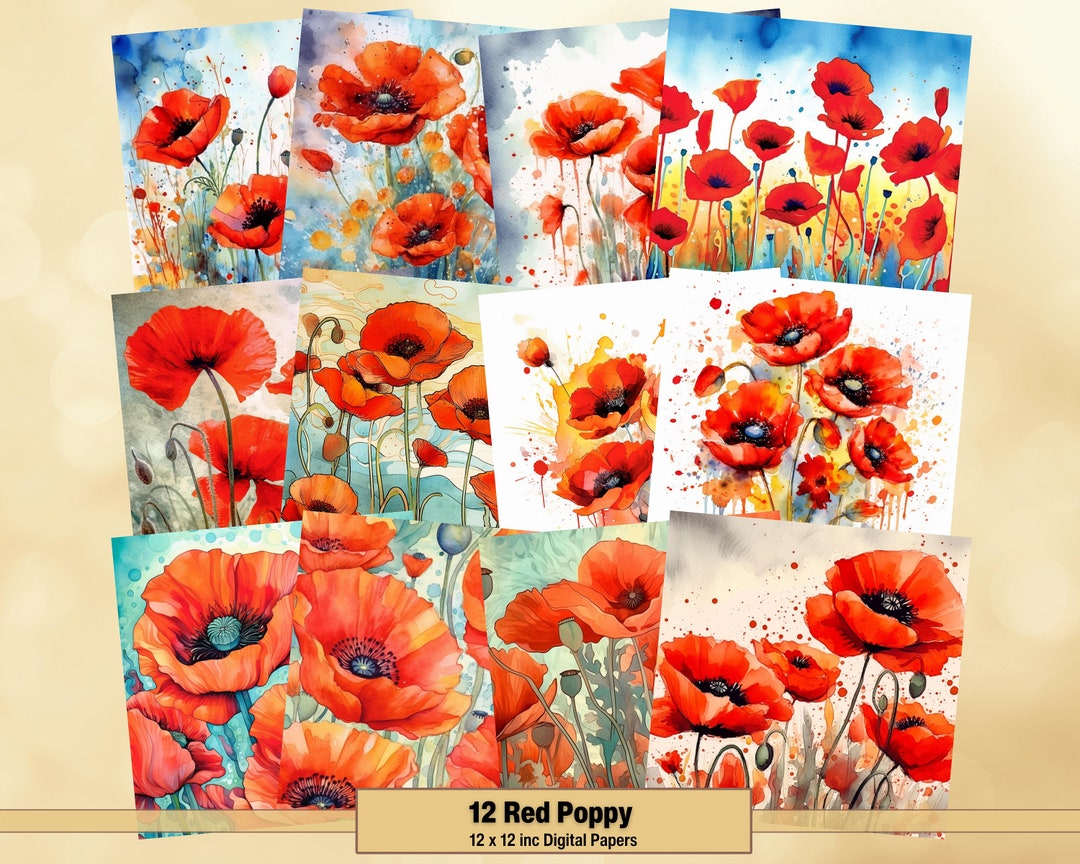 Printable Red Poppies Digital Paper, Red Poppy Pages, Vintage ...